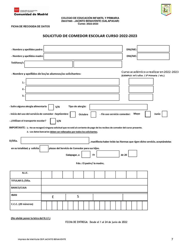 Comedor Escolar 2022-2023 Solicitud | PDF