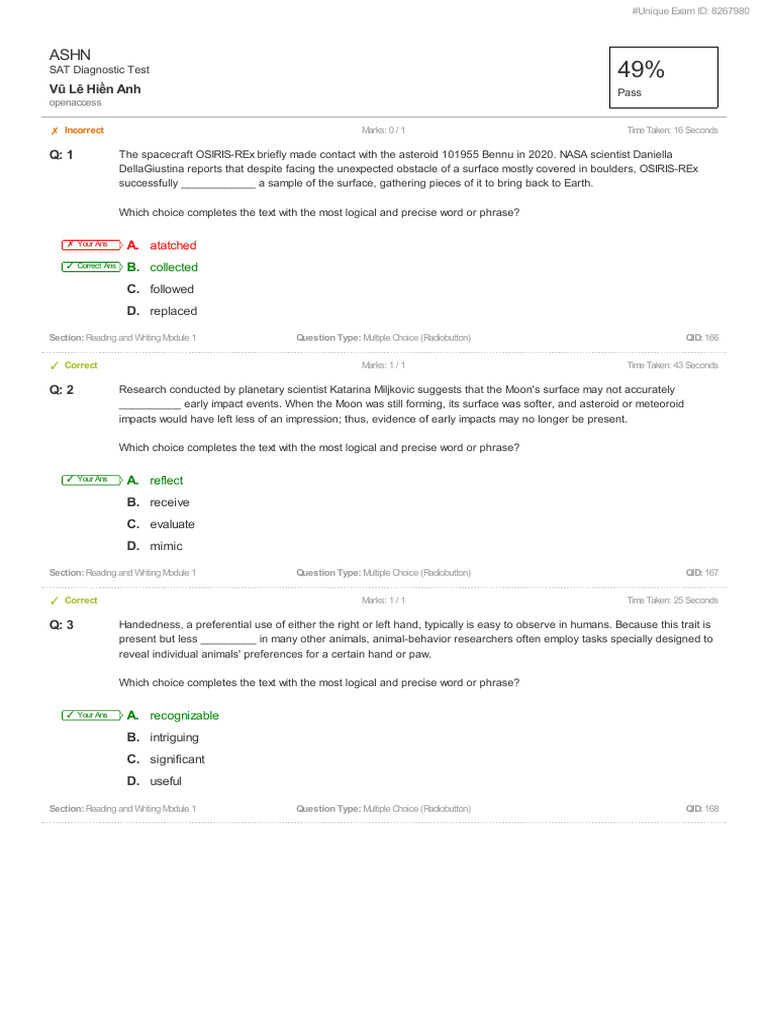 V L Hin Anh-SAT Diagnostic Test-ExamPrintReport | PDF | Sodium ...