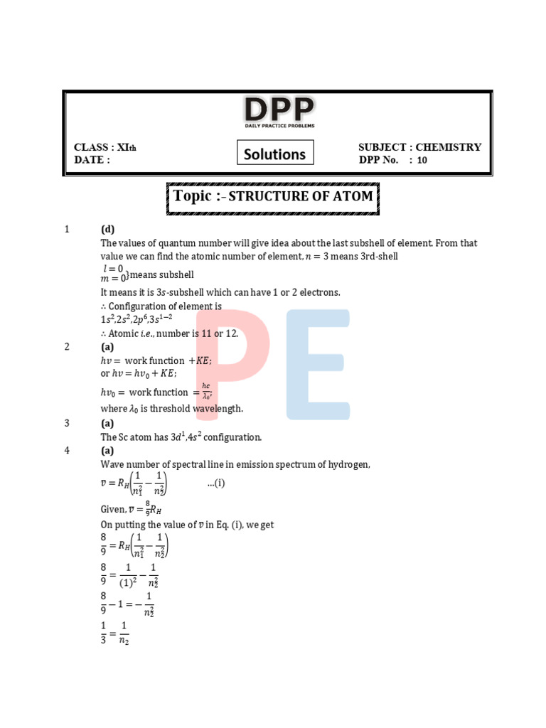 Structure Of Atom Dpp 10 Solution Pdf Electron Atoms