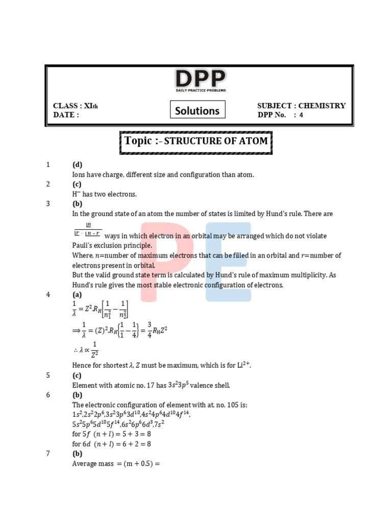 Structure of Atom DPP 4 SOLUTION | PDF | Electron Configuration | Atomic Orbital