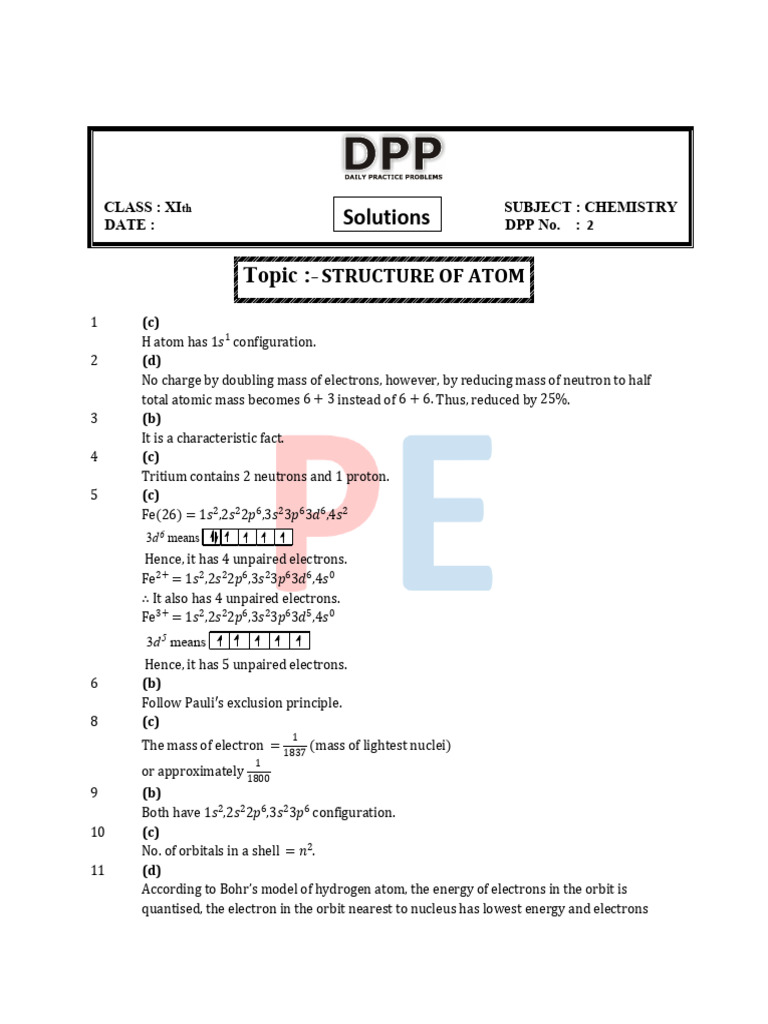 Structure of Atom DPP 2 SOLUTION | PDF | Atoms | Atomic Nucleus