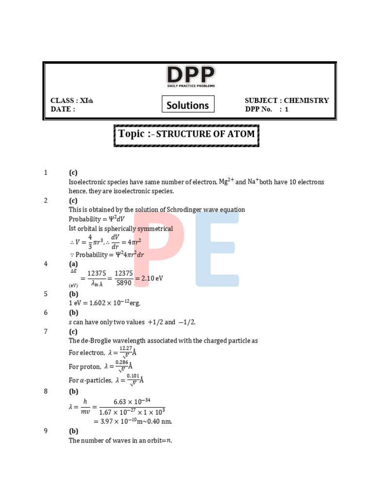 Structure of Atom DPP 1 SOLUTION | PDF | Electron | Atomic Orbital