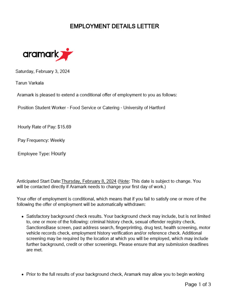 Offer Letter of Aramark | PDF | Background Check | E Verify