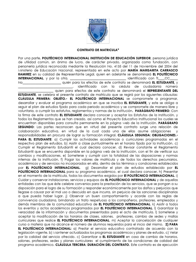 Contrato Matricula Firmado | PDF | Institución | Plan de estudios