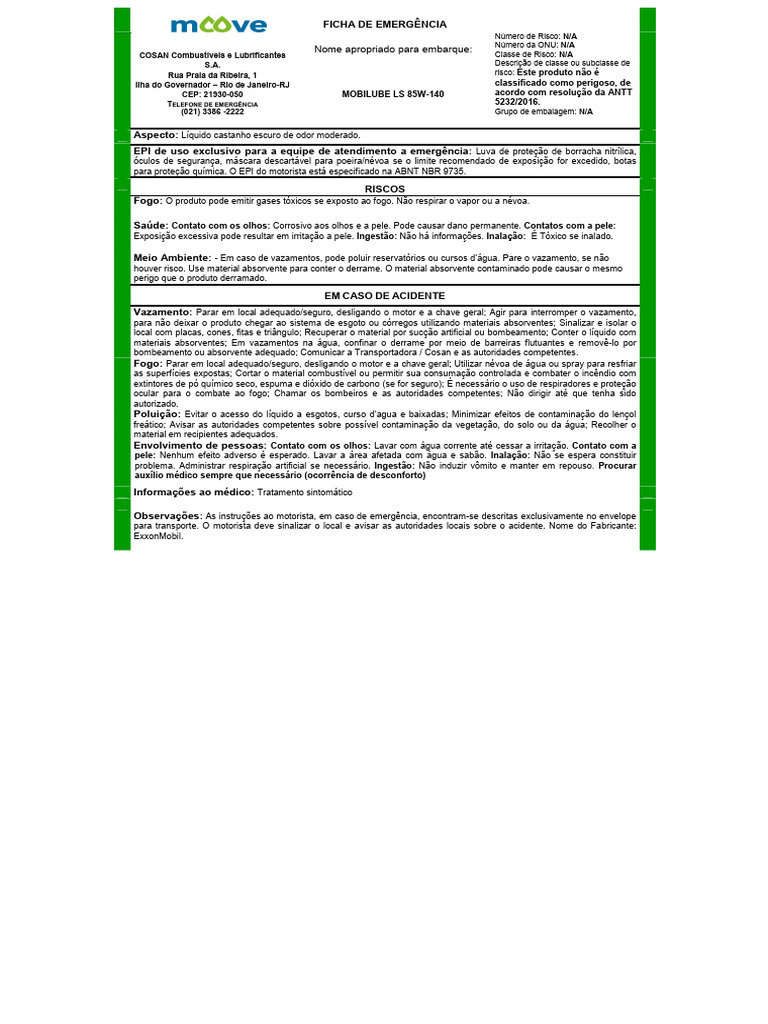 Ficha de Emergencia - Mobilube LS 85W-140 | PDF | Incêndios