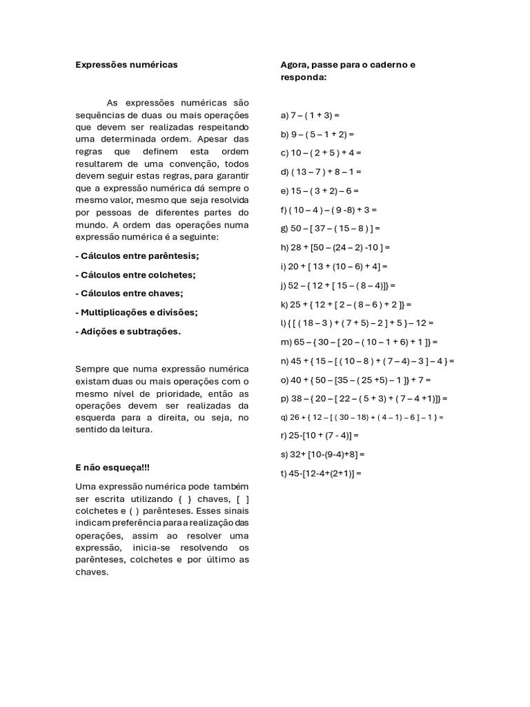 Expressões Numéricas 6 Ano | PDF | Métodos e Materiais de Ensino
