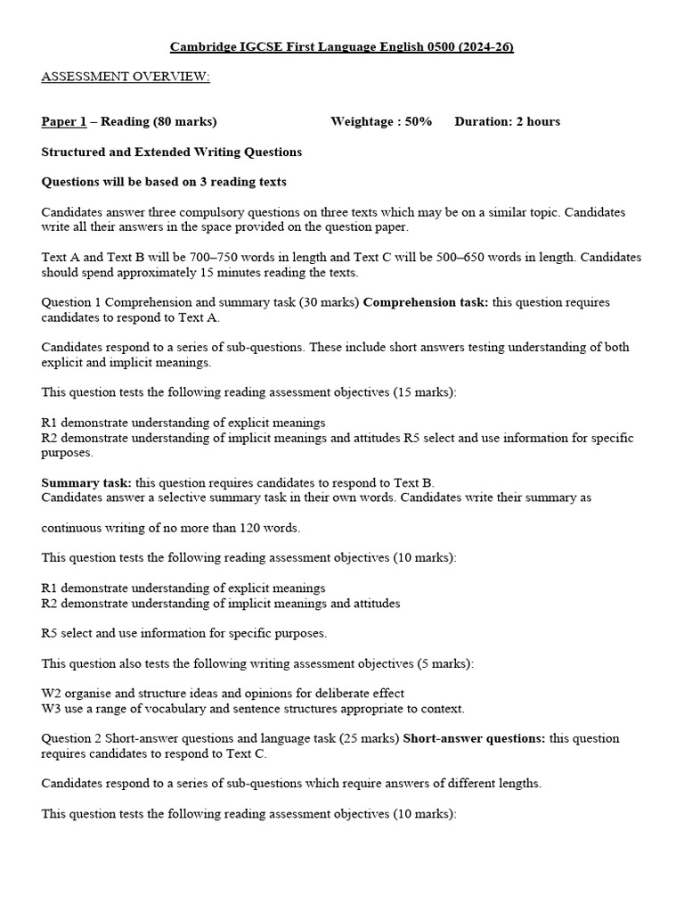 IGCSE English 0500 Exam Guide | PDF | Reading Comprehension | Question
