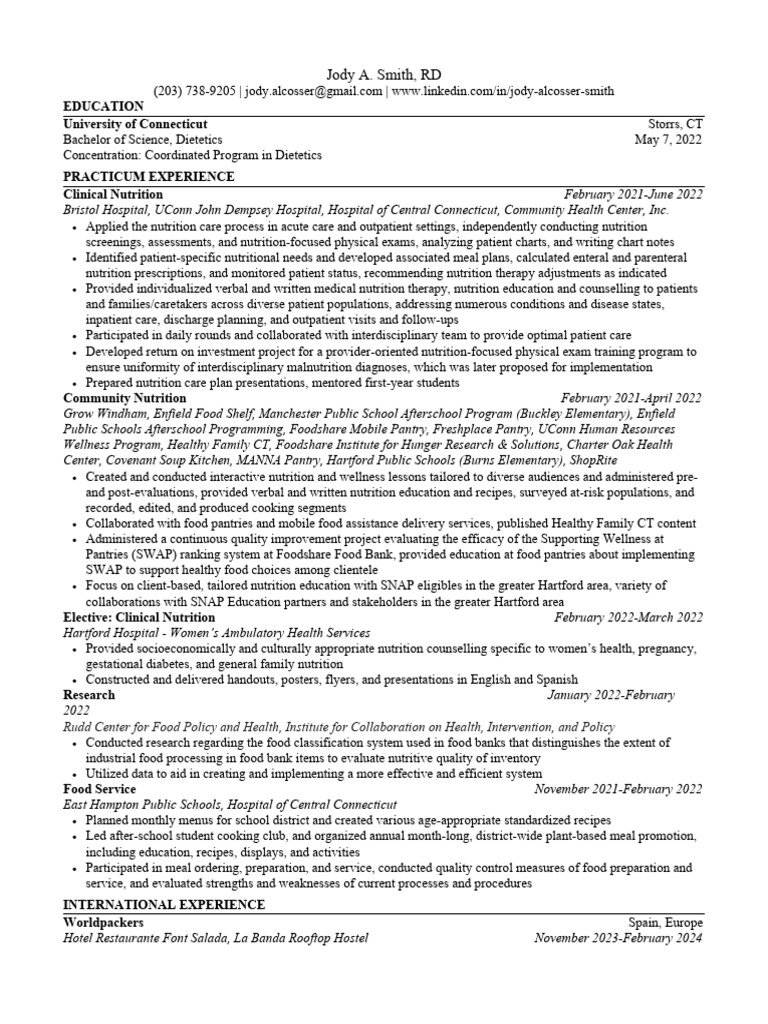 jody smith resume | PDF | Patient | Dietitian