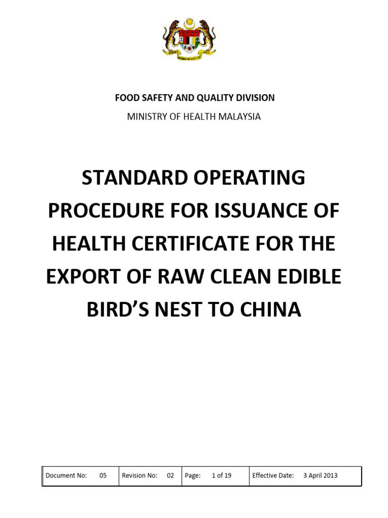 Health Certificate SOP for Bird's Nest Export | PDF | Finance & Money ...