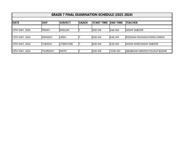 Grade 7 Final Examination Schedule 2023-2024 | PDF