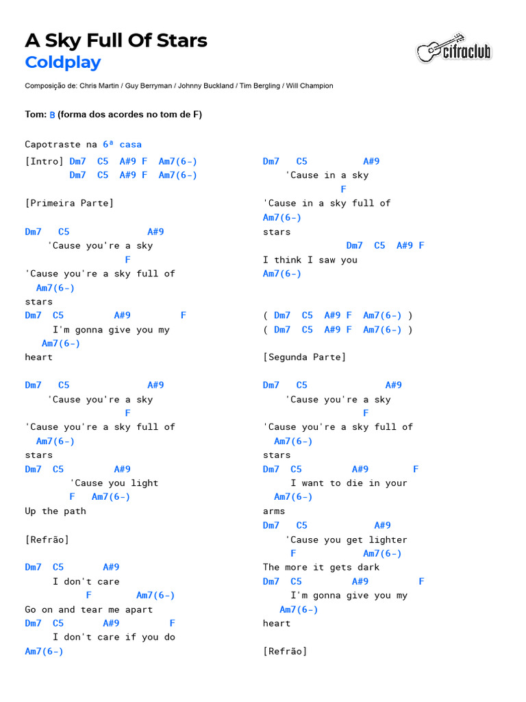 A Sky Full of Stars Lyrics and Chords | PDF | British Pop Songs | Sound ...