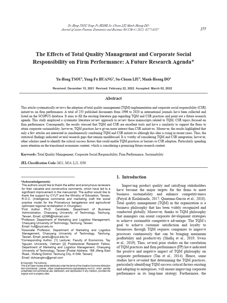 The Effects of Total Quality Management and Corporate Social Responsibility on Firm Performance ...