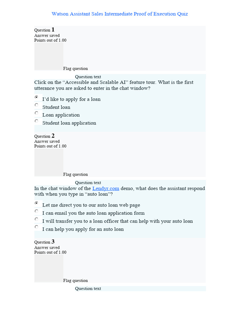 Watson Assistant Sales Intermediate Proof of Execution Quiz | PDF