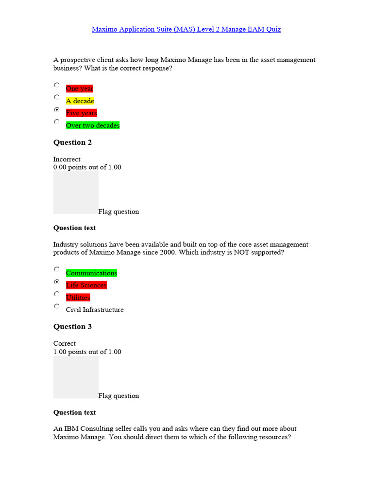 Maximo Application Suite (MAS) Level 2 Manage EAM Quiz | PDF | Asset ... Maximo Application Suite (MAS) Level 2 Manage EAM Quiz | PDF | Asset ...