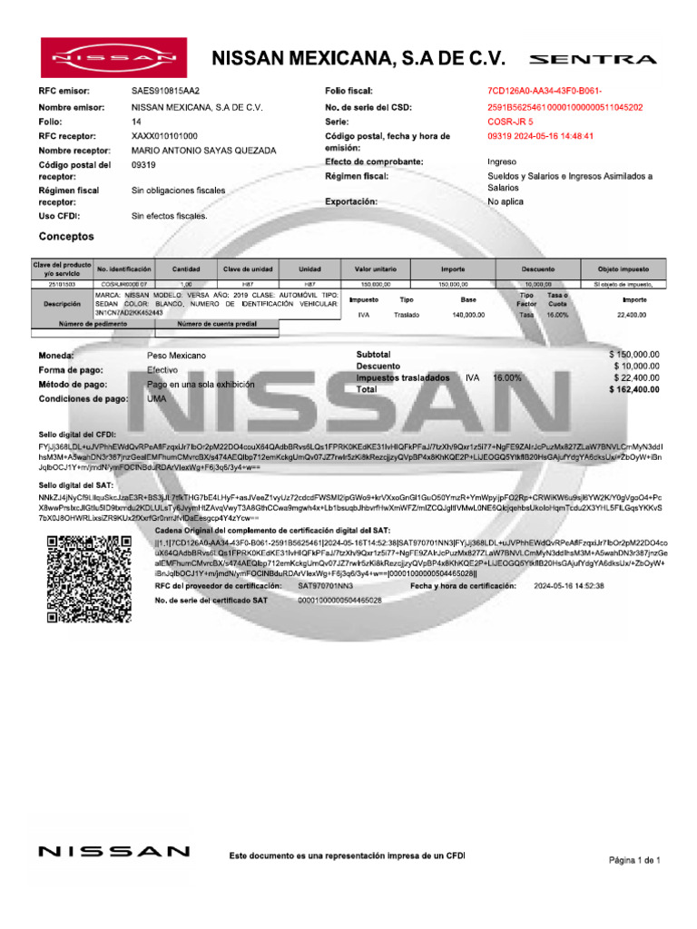 Factura Nissan Versa | PDF
