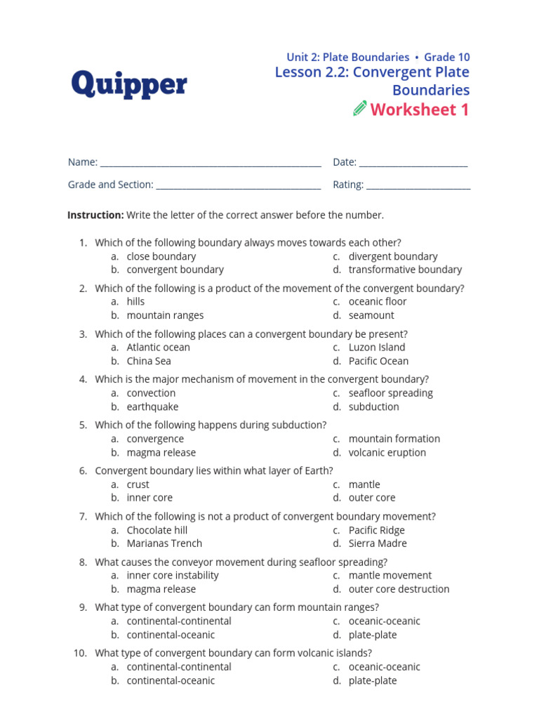Science 10 2.2 Worksheet 1 | PDF | Plate Tectonics | Natural Sciences