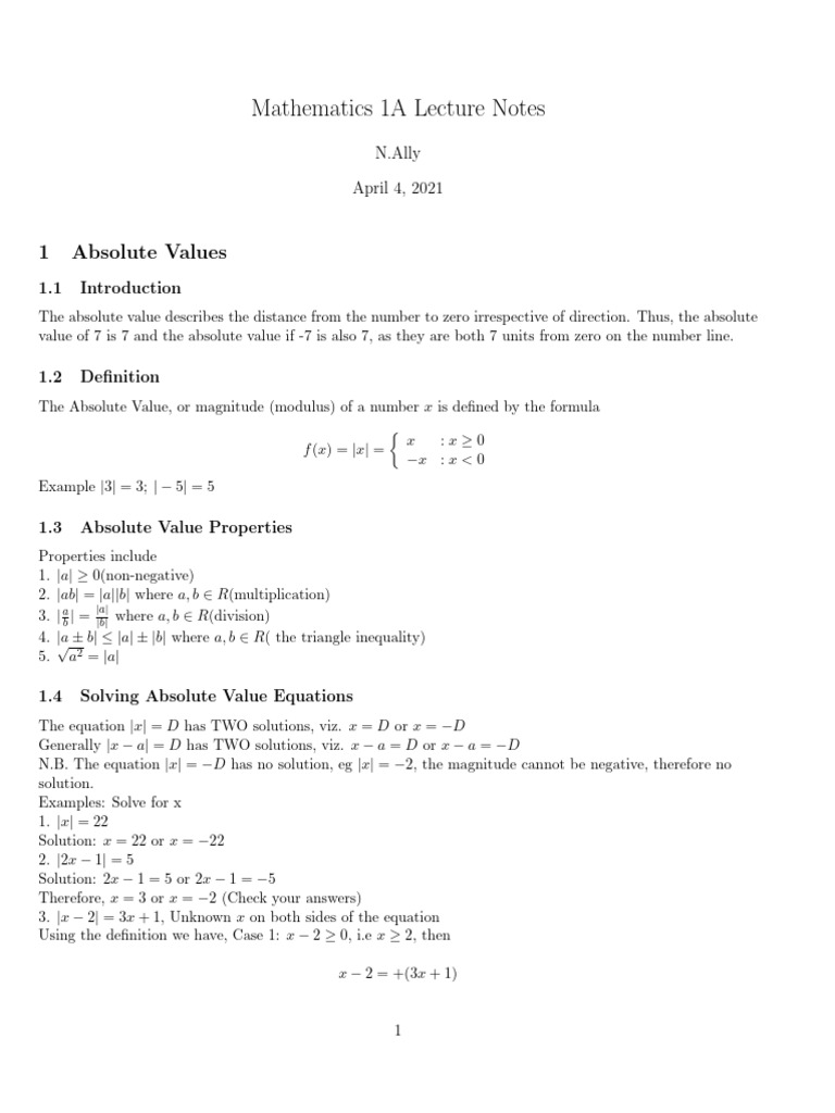 Absolute Values - Maths 1A | PDF | Mathematics | Mathematical Analysis