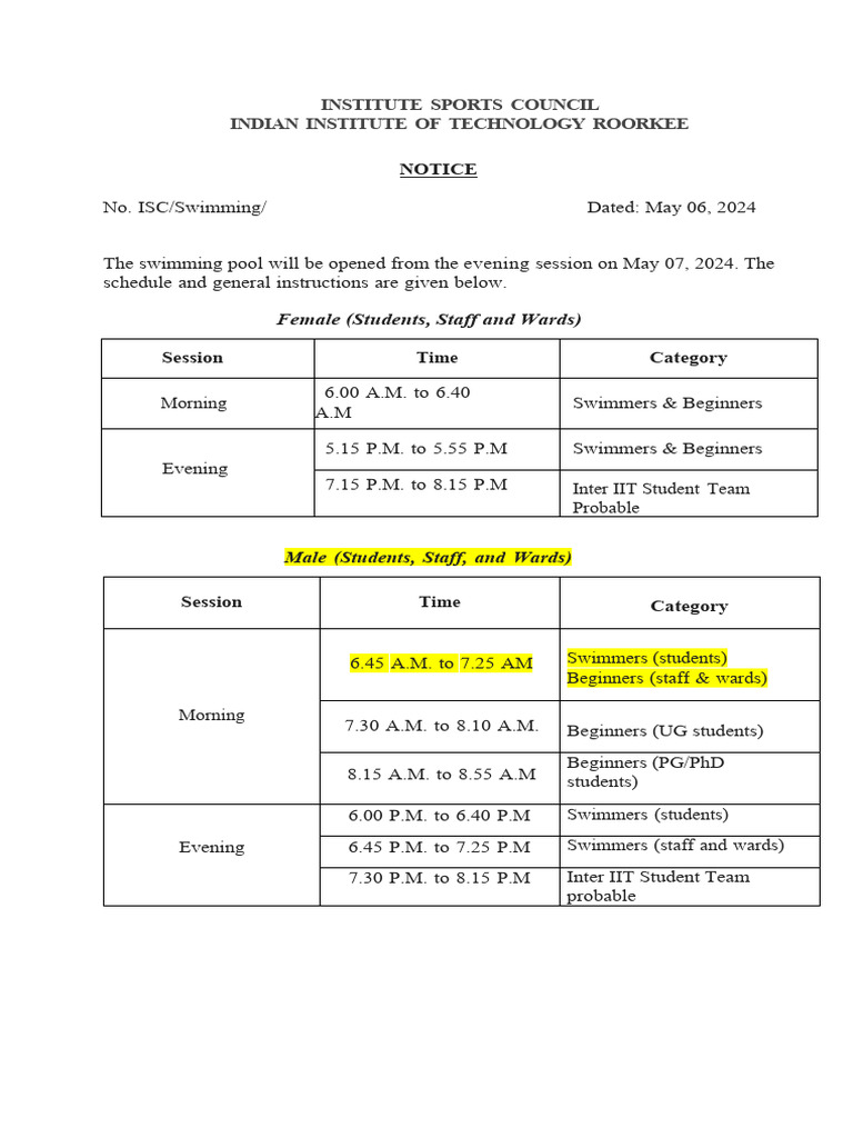 Swimming Pool Notice | PDF