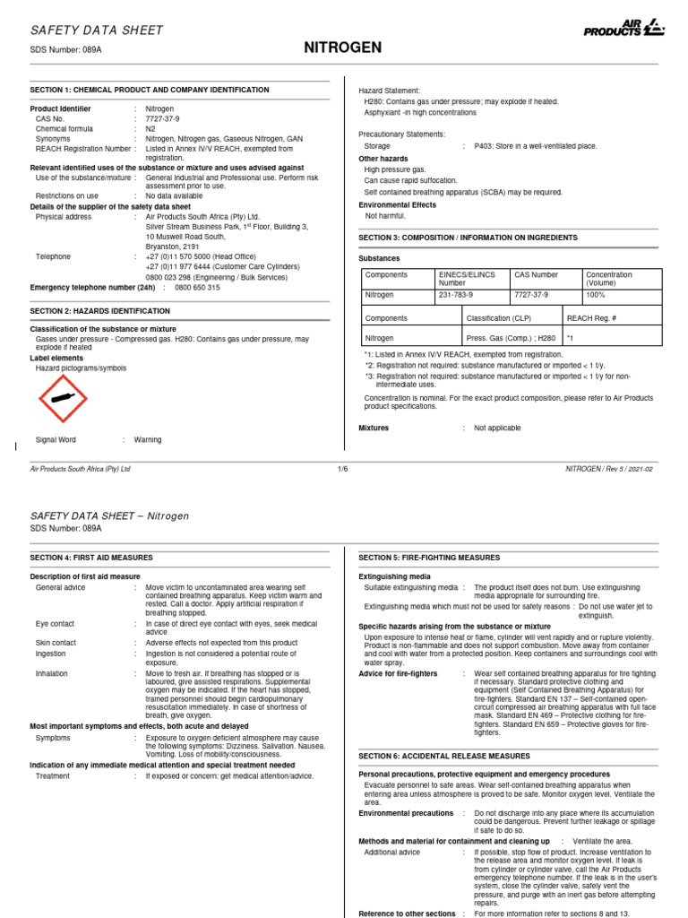 MSDS 089A APSAP Nitrogen Gen Ind GHS 2021 01 | PDF | Safety | Chemistry