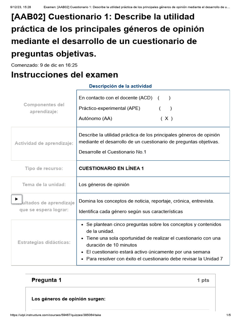 Examen - (AAB02) Cuestionario 1 - Describe La Utilidad Práctica de Los Principales Géneros de ...