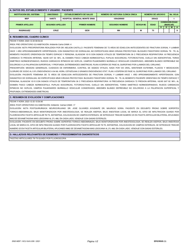 A. Datos Del Establecimiento Y Usuario / Paciente: SNS-MSP / HCU-form ...