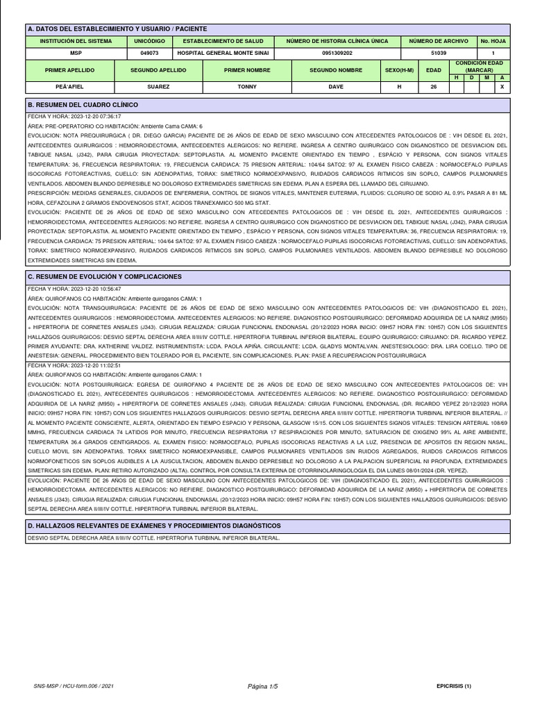 A. Datos Del Establecimiento Y Usuario / Paciente: SNS-MSP / HCU-form ...