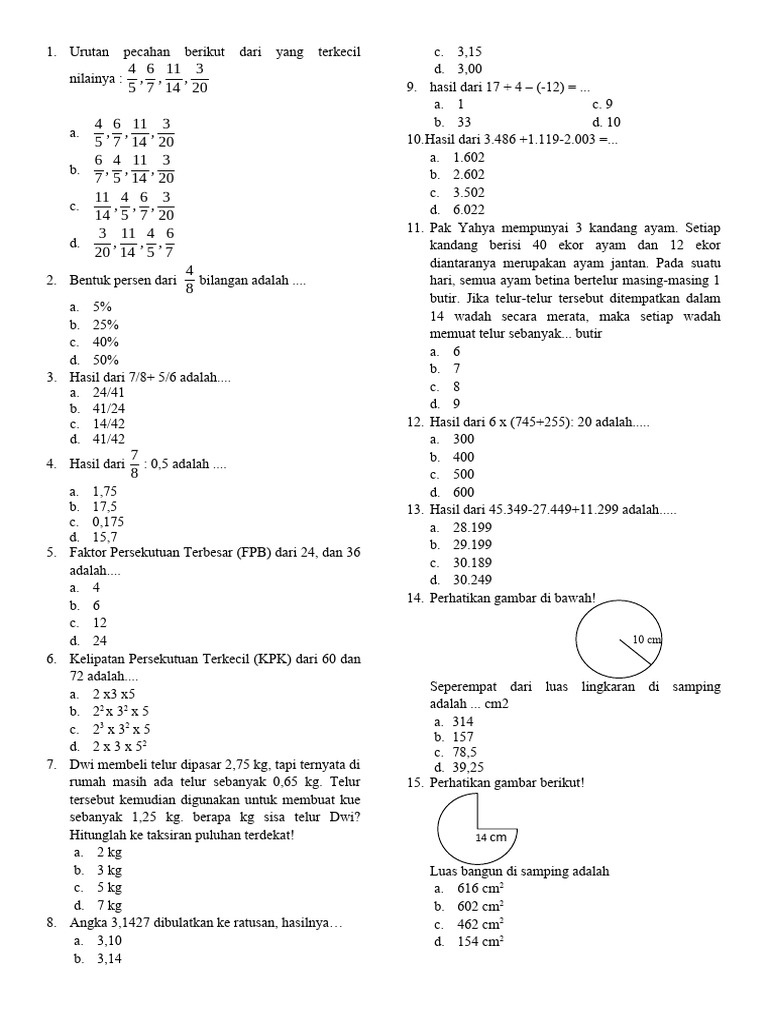 Latihan Pat Matematika Kelas 6 | PDF