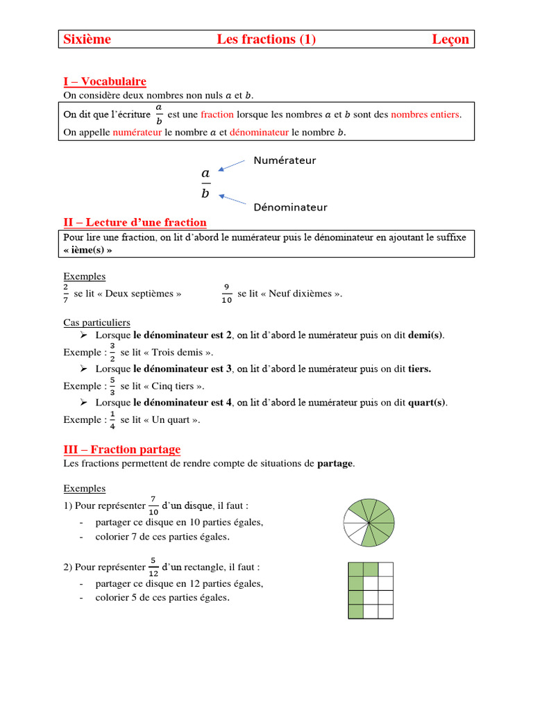 Leçon sur les fractions en 6ème | PDF | Mathématiques | Mathématiques ...