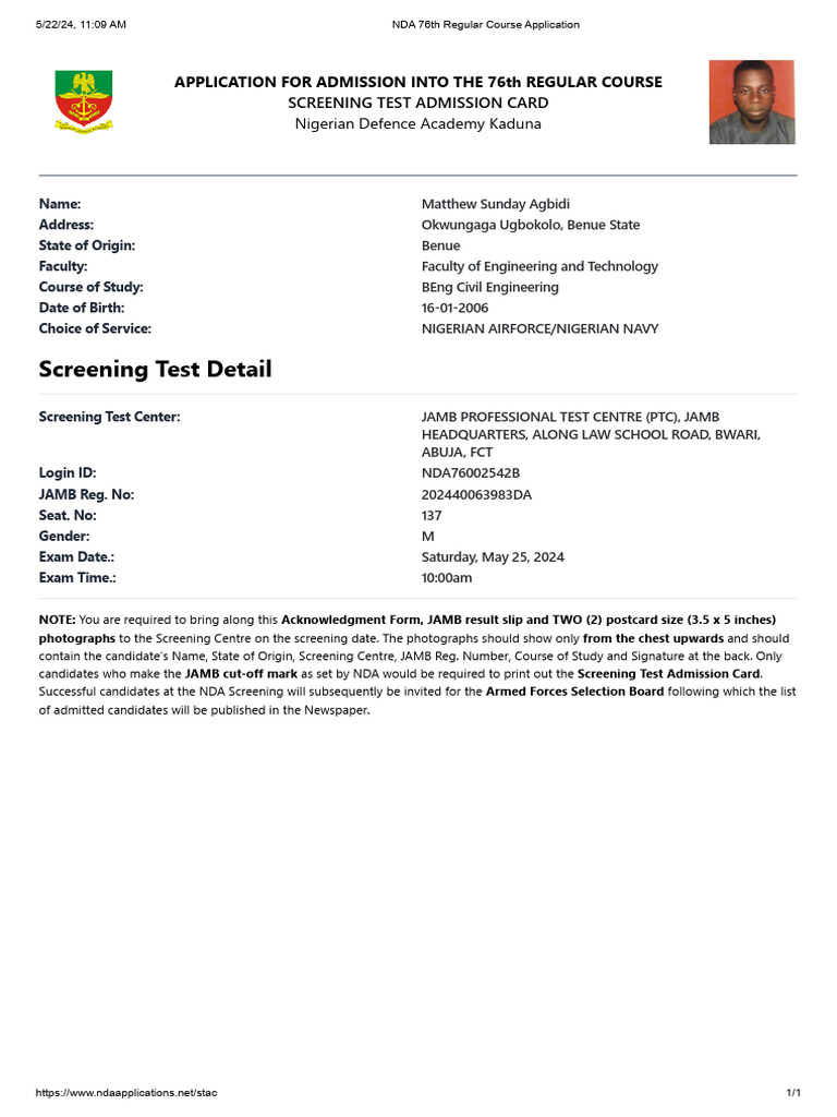Screening Test Detail: Application For Admission Into The 76Th Regular ...