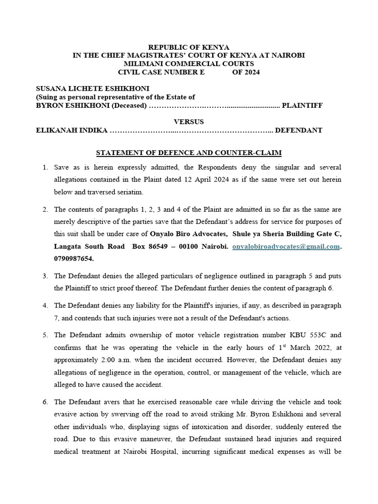 Statement of Defence and Counterclaim, Verifying Affidavit | PDF ...