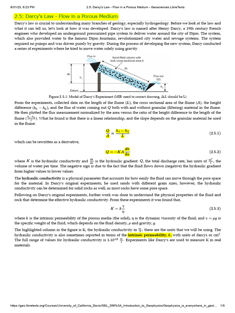 Darcy's Law-Flow through a Porous Medium_HIGHLIGHTED PORTIONS ONLY | PDF | Permeability (Earth ...