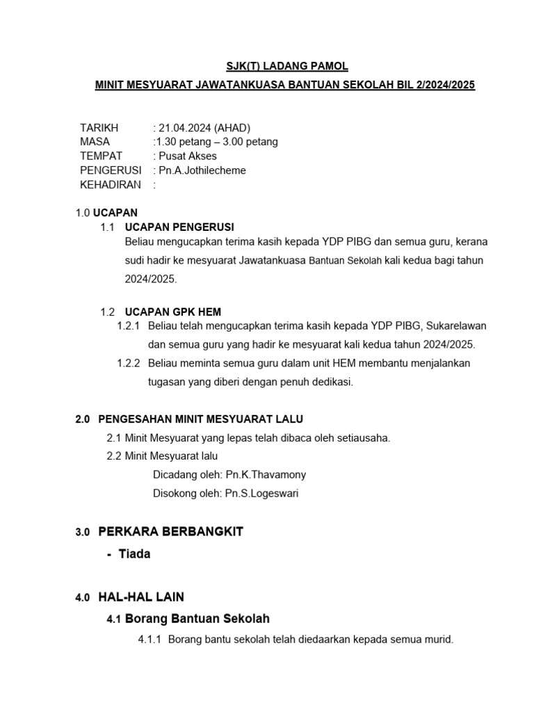 Minit Mesyuarat Bantuan 2 2024 | PDF