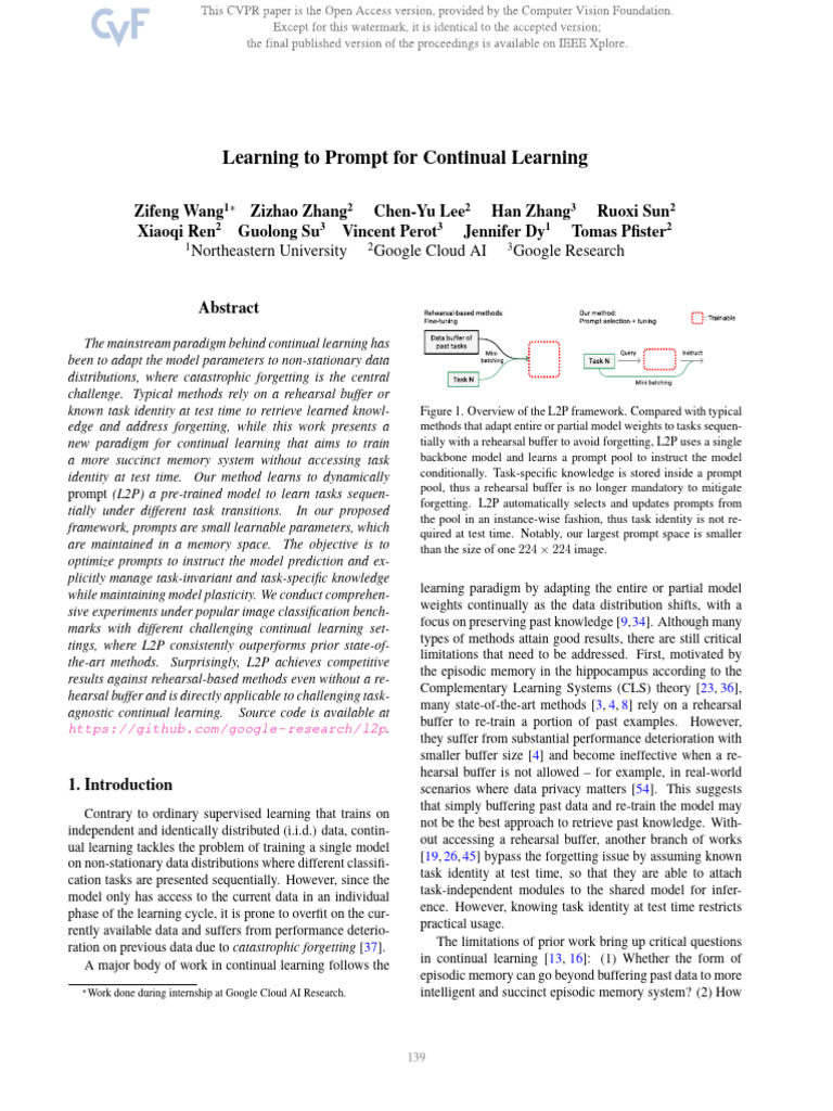 Wang Learning to Prompt for Continual Learning CVPR 2022 Paper | PDF | Learning | Memory