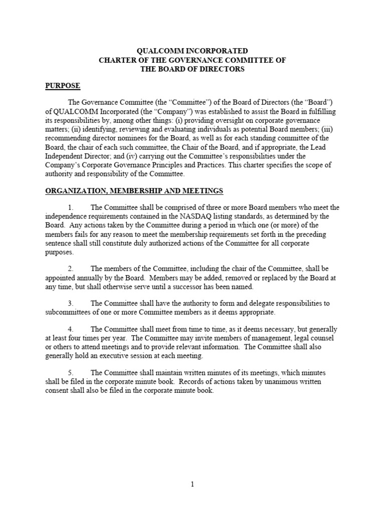 Qualcomm Governance Committee Charter | PDF | Committee | Corporate ...