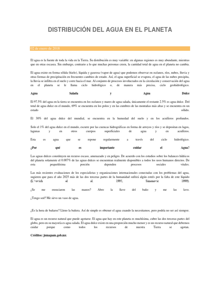 Distribución Del Agua en El Planeta | PDF | Agua | Agua dulce
