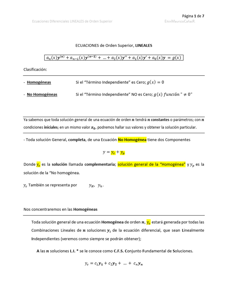 Ecuaciones Lineales de Orden Superior 2024 1 | PDF | Ecuaciones | Ecuaciones diferenciales