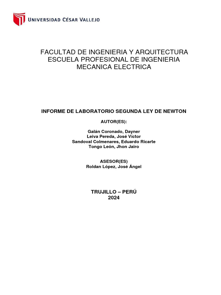 INFORME - LAB. - SEGUNDA - LEY - DE - NEWTON - 2024-Sesion 08 | PDF | Fuerza | Las leyes del ...