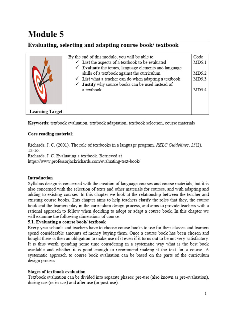 Module 5, Evaluating and Adapting Coursebook, Textbook | Download Free ...