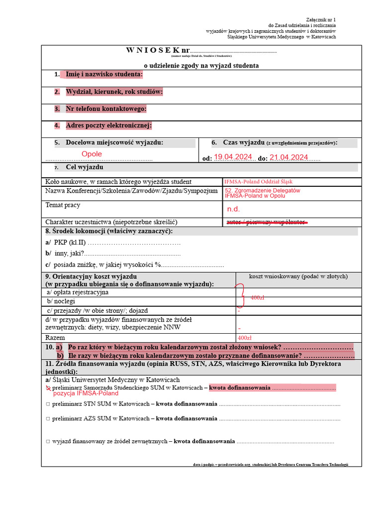 WZÓR Zal 1 Wniosek Udzilenie Zgody Na Wyjazd Studenta | PDF