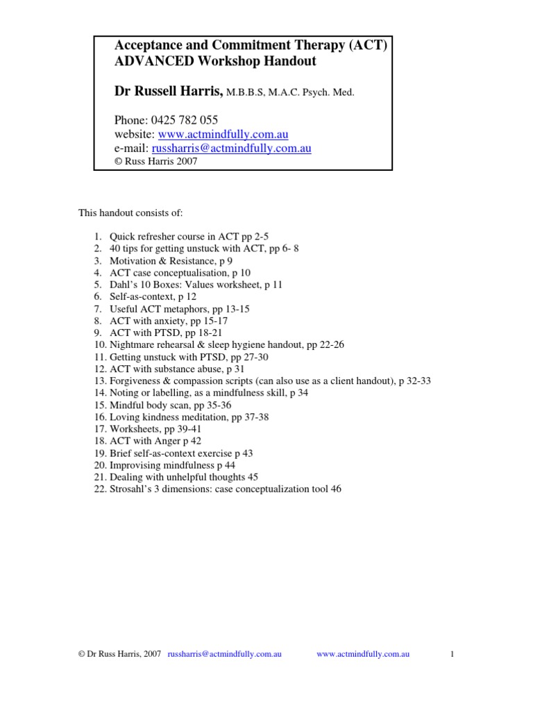 2007 - Advanced ACT Workshop Handout | PDF | Anxiety Disorder ...