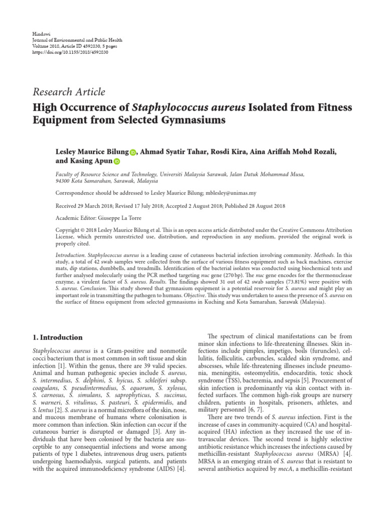 High Occurrence Of Staphylococcus Aureus Isolated From Fitness Pdf Methicillin Resistant