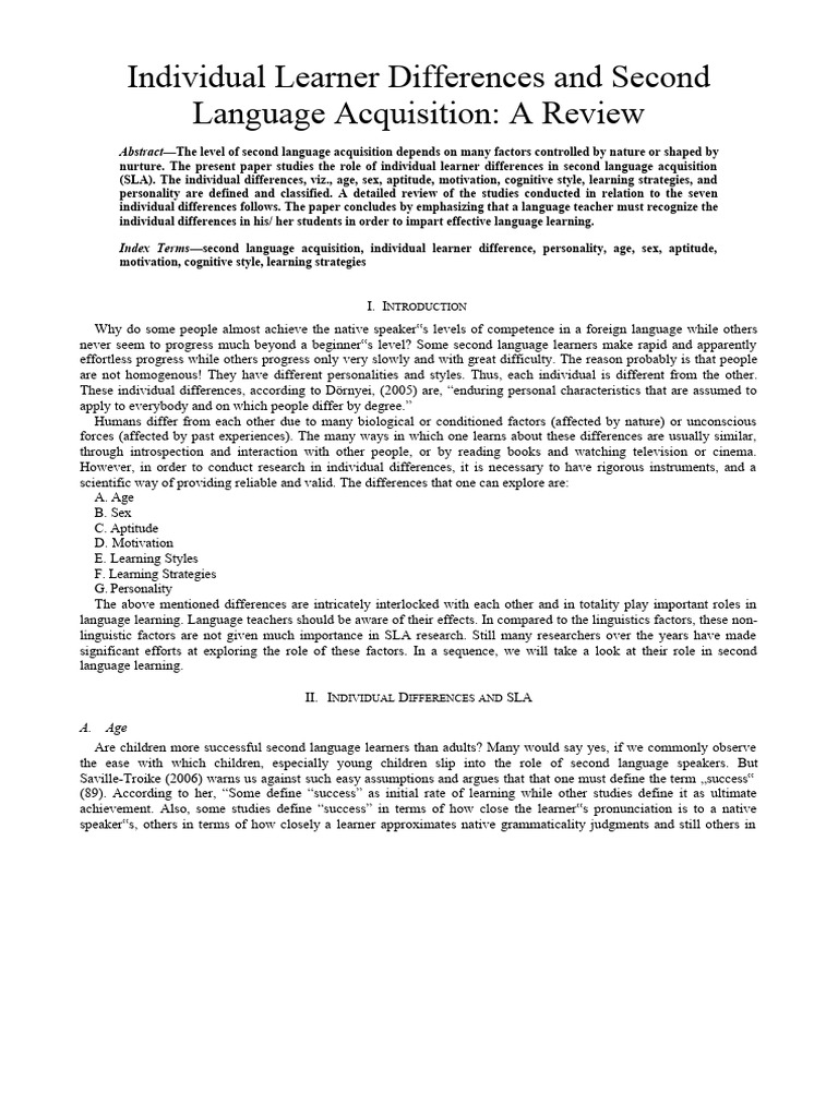 Individual Learner Differences and Second Language Acquisition: A Review | Download Free PDF ...