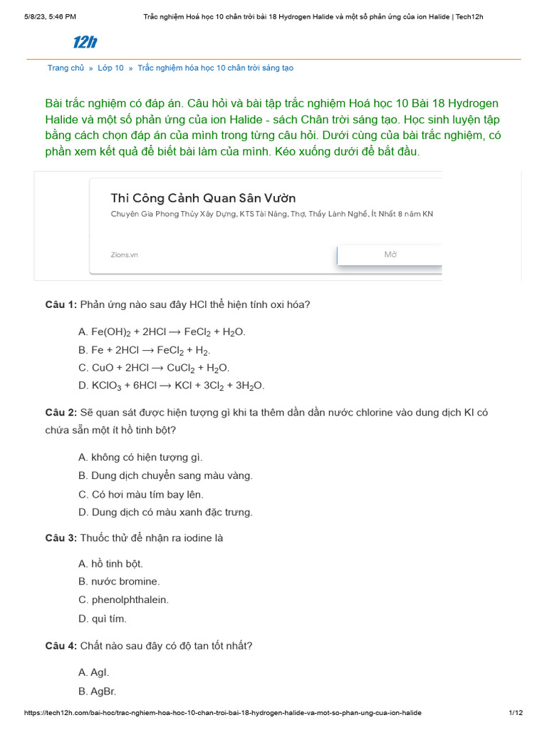 Trắc nghiệm Hoá học 10 chân trời bài 18 Hydrogen Halide và một số phản ...