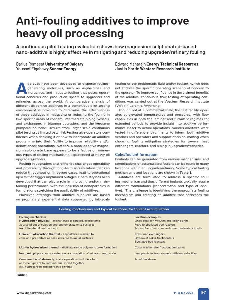 Anti-Fouling Additives To Improve Heavy Oil Processing | PDF | Oil ...