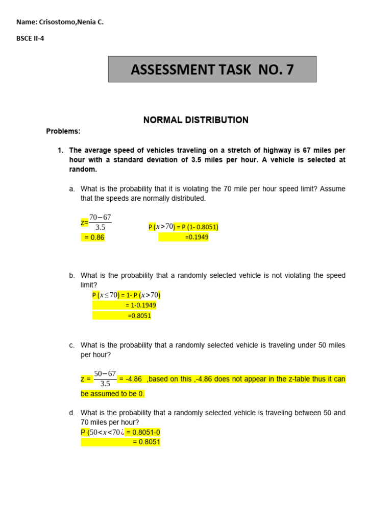 Crisostomo, Nenia C. Assessment Task No. 7 | PDF | Normal Distribution