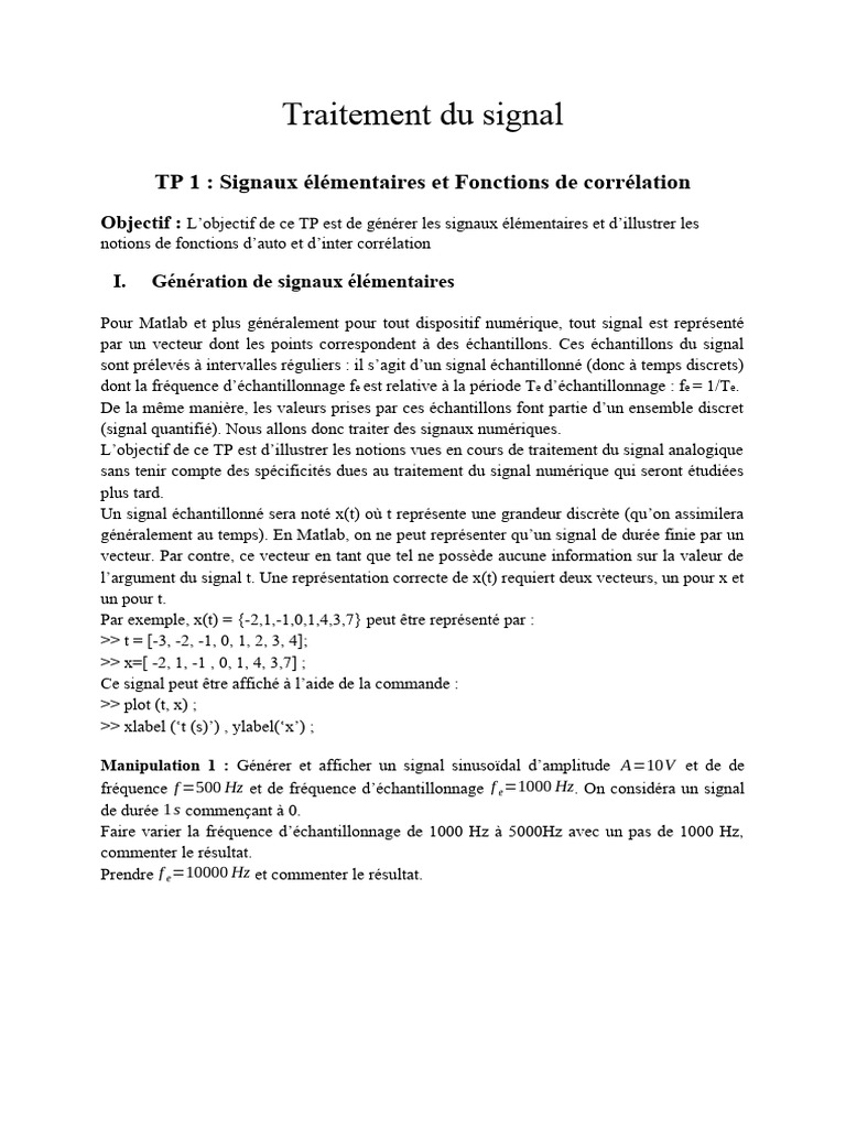 Traitement Du Signal: TP 1: Signaux Élémentaires Et Fonctions de Corrélation | PDF ...