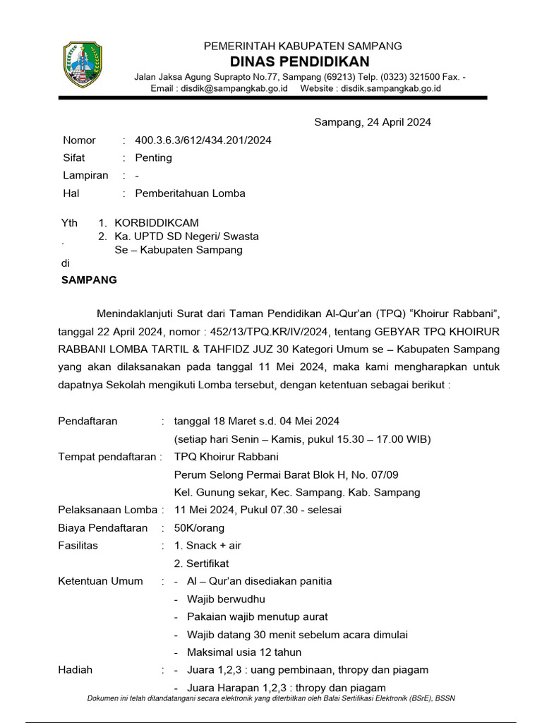 Lomba Tartil & Tahfidz TPQ Sampang 2024 | PDF