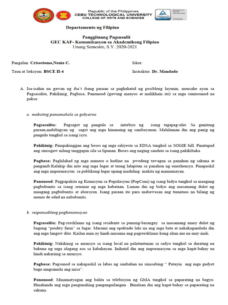 Crisostomo, Nenia C. BSCE II-4 Midterm Examination GEC - KAF | PDF