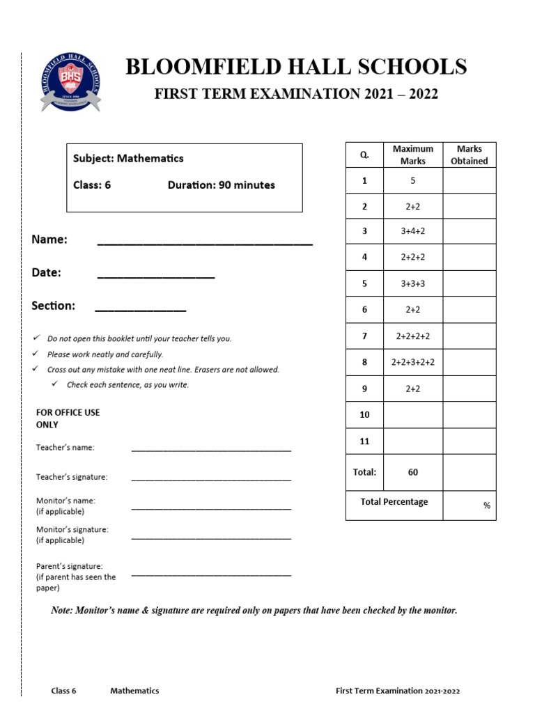1st Term Class 6 Math Paper | PDF | Mathematical Objects | Mathematical Concepts