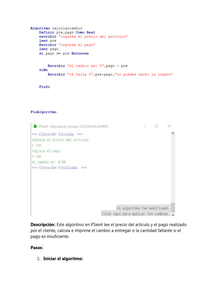 Algoritmo Calcularcambio | PDF | Algoritmos | Programación de computadoras